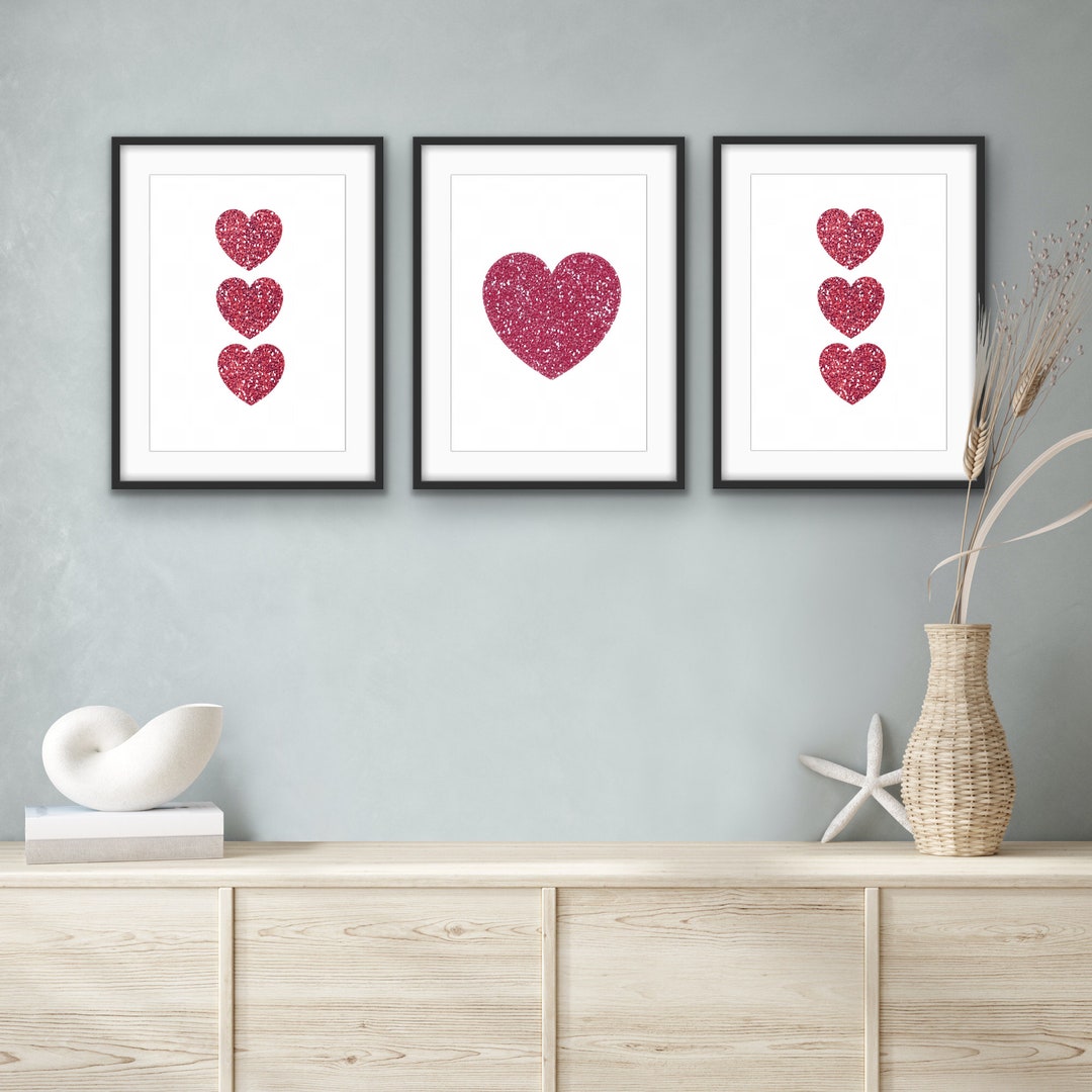 Set of 3 Glitter Pink Prints, Pink Wall Art, Heart Prints for Girls ...
