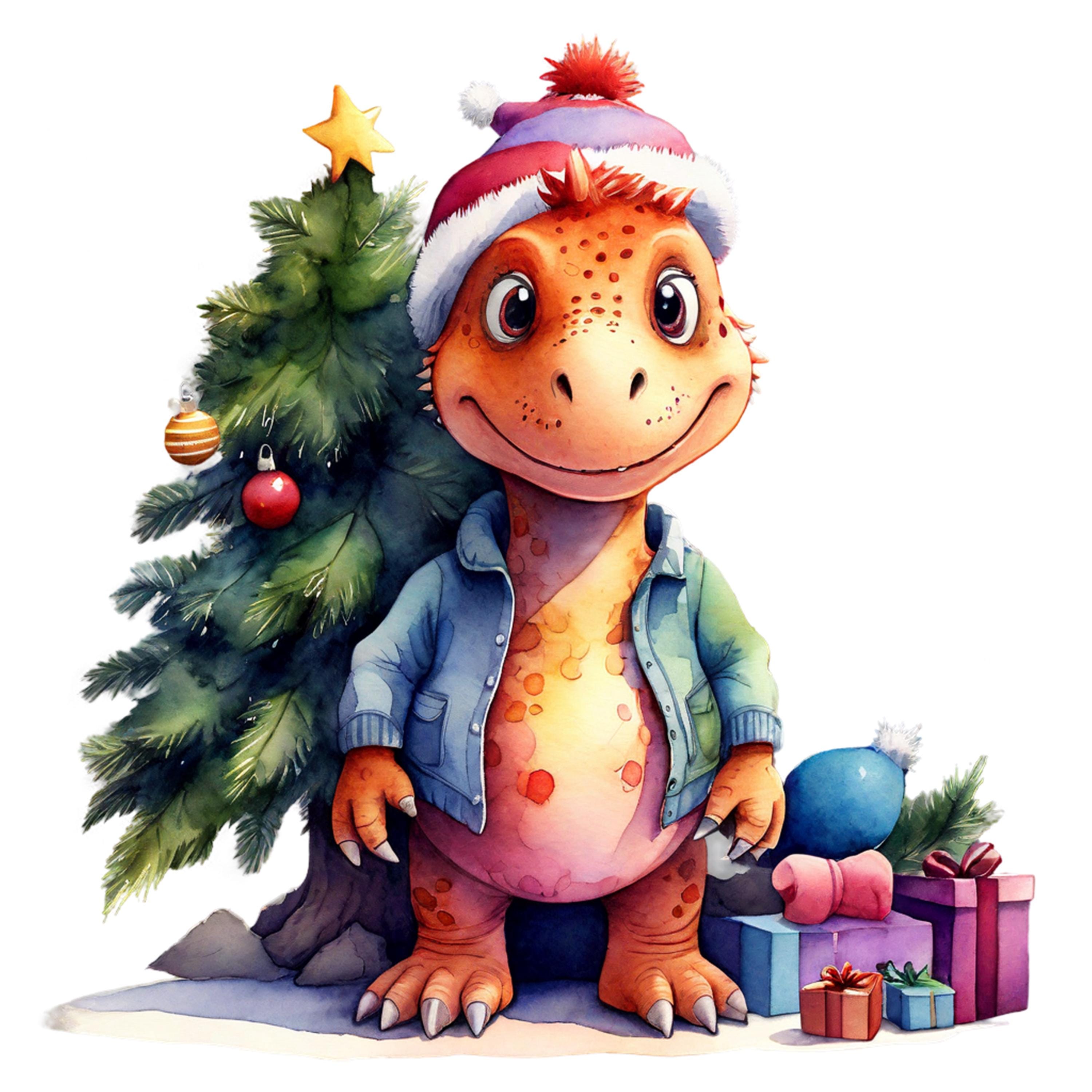 29 PNG Watercolour Cute Dinosaur by Christmas Tree, Clipart Bundle ...