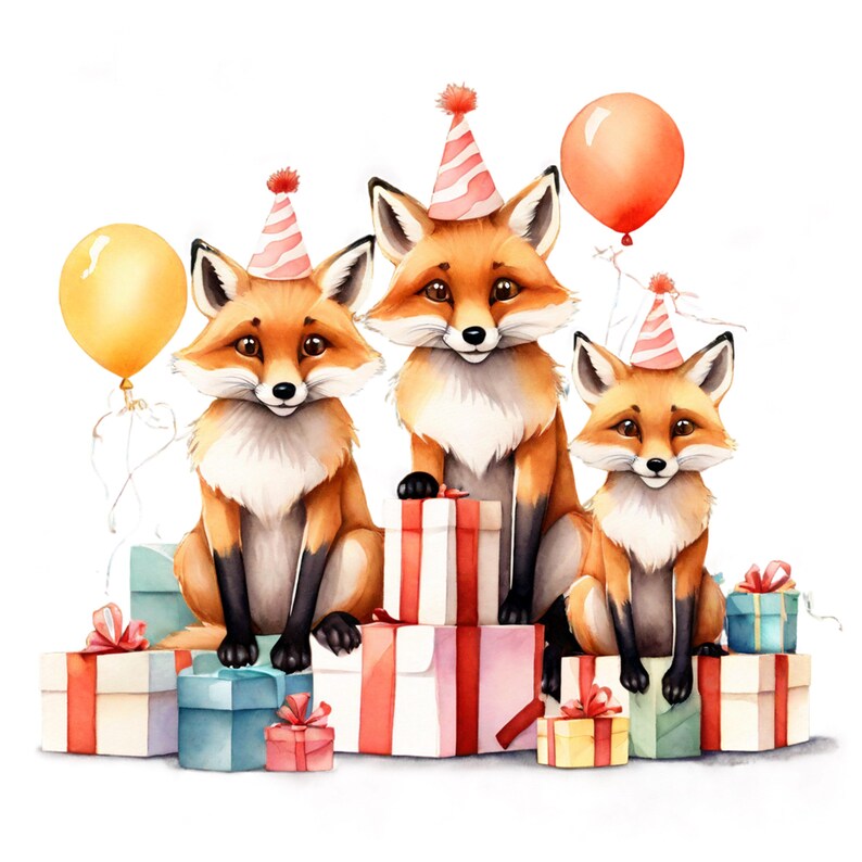33 PNG Watercolour Cute Fun Fox Birthday Celebration Balloons Presents ...