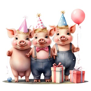 33 PNG Watercolour Cute Fun Pig Birthday Celebration Balloons Presents ...