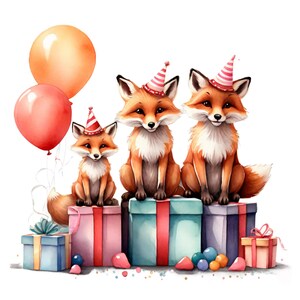 33 PNG Watercolour Cute Fun Fox Birthday Celebration Balloons Presents ...