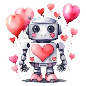 77 PNG Watercolour Cute Robot Valentines With Love Heart Balloons ...