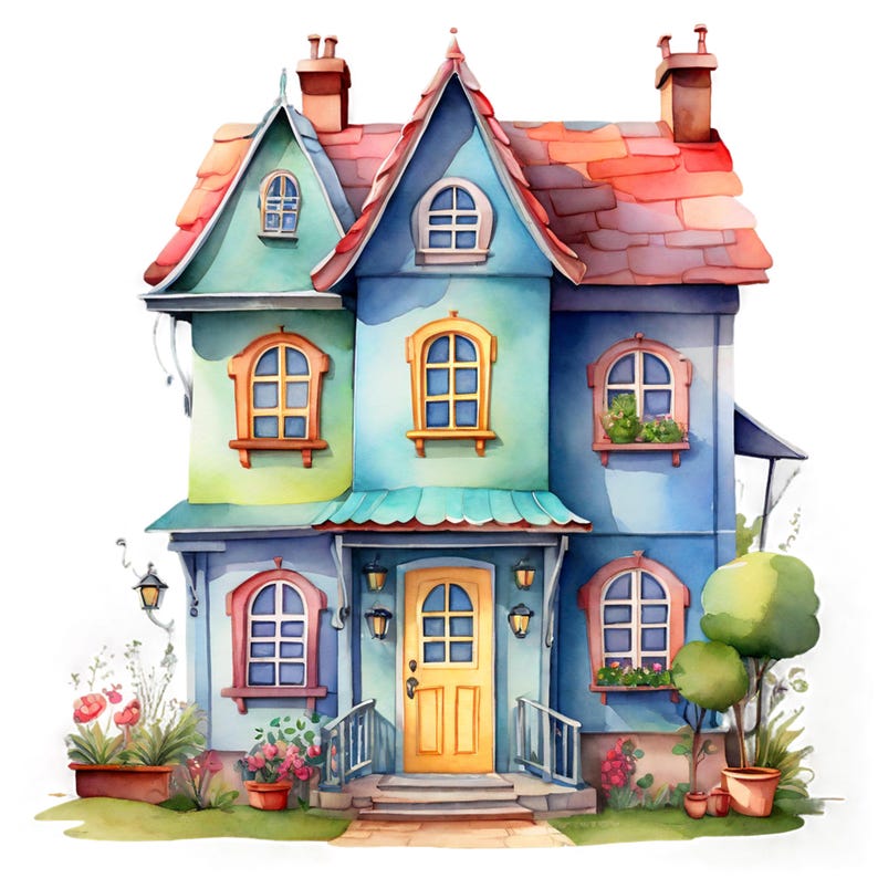 23 PNG Watercolour Cute Fun Rainbow Pastel Colourful House Home, Home ...