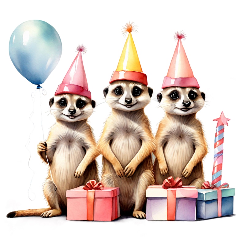 18 PNG Watercolour Cute Meerkat Birthday Celebration Balloon Present ...