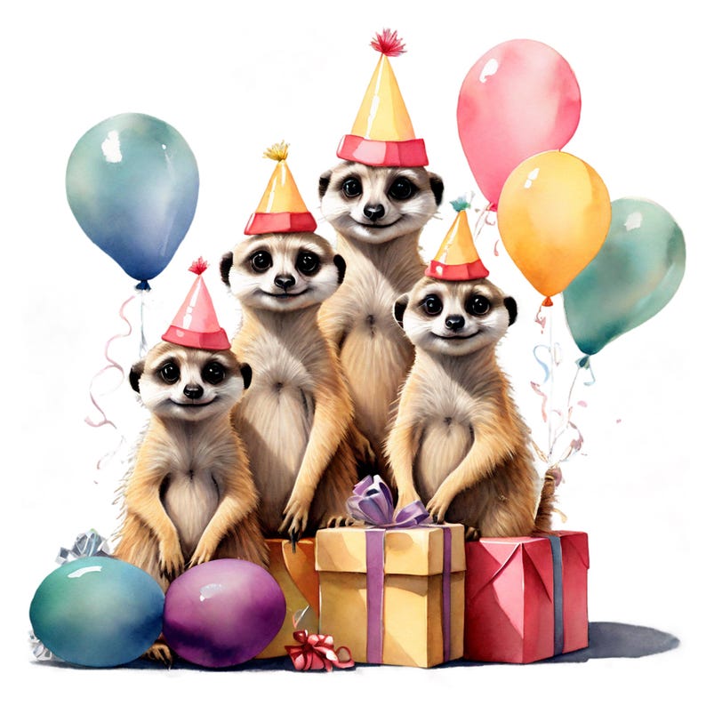 18 PNG Watercolour Cute Meerkat Birthday Celebration Balloon Present ...