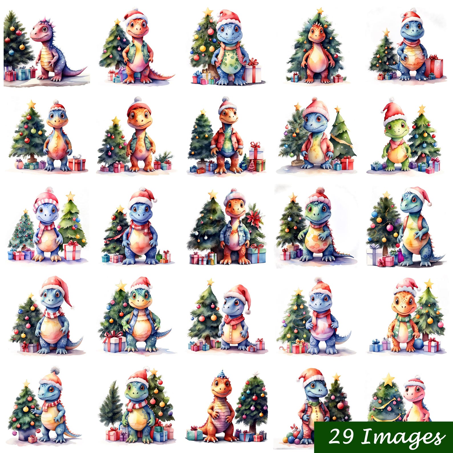 29 PNG Watercolour Cute Dinosaur by Christmas Tree, Clipart Bundle ...