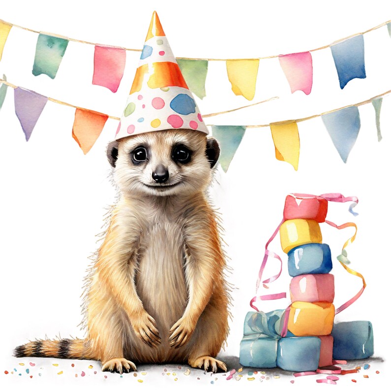 18 PNG Watercolour Cute Meerkat Birthday Celebration Balloon Present ...