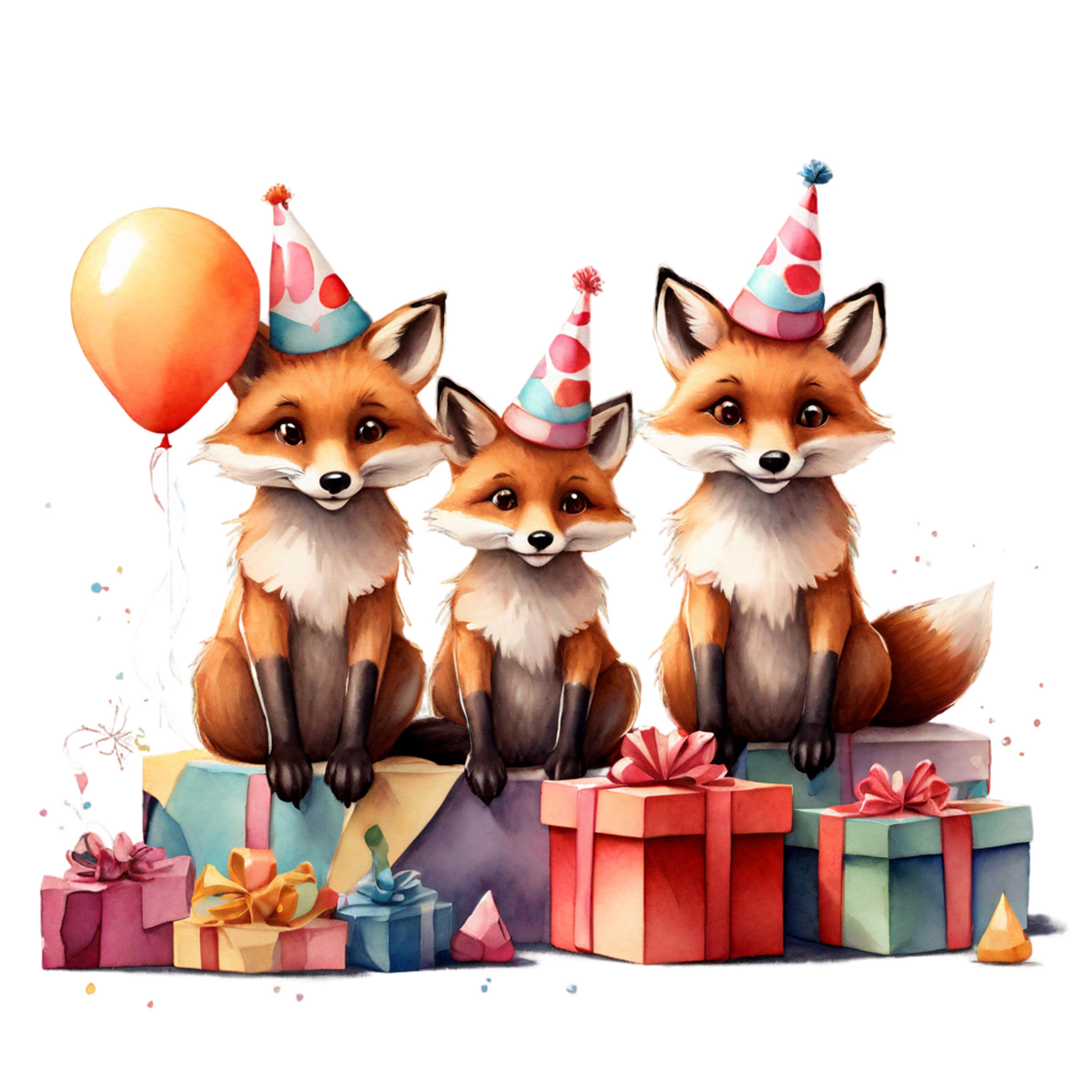 33 PNG Watercolour Cute Fun Fox Birthday Celebration Balloons Presents ...