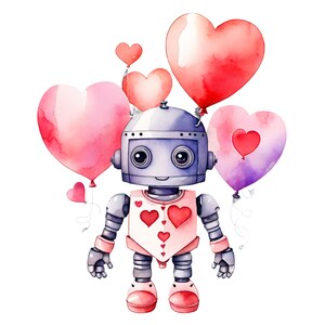 77 PNG Watercolour Cute Robot Valentines With Love Heart Balloons ...