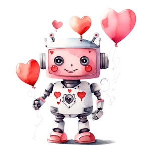 77 PNG Watercolour Cute Robot Valentines With Love Heart Balloons ...