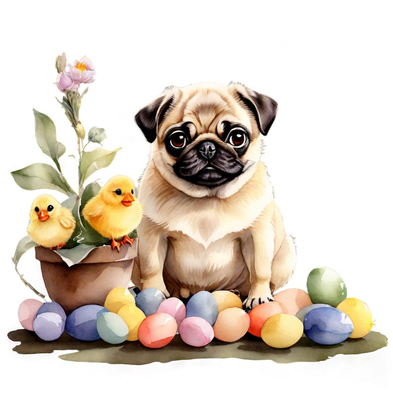 22 PNG Watercolour Pug Dog Easter Egg Celebration, Animal Clipart ...