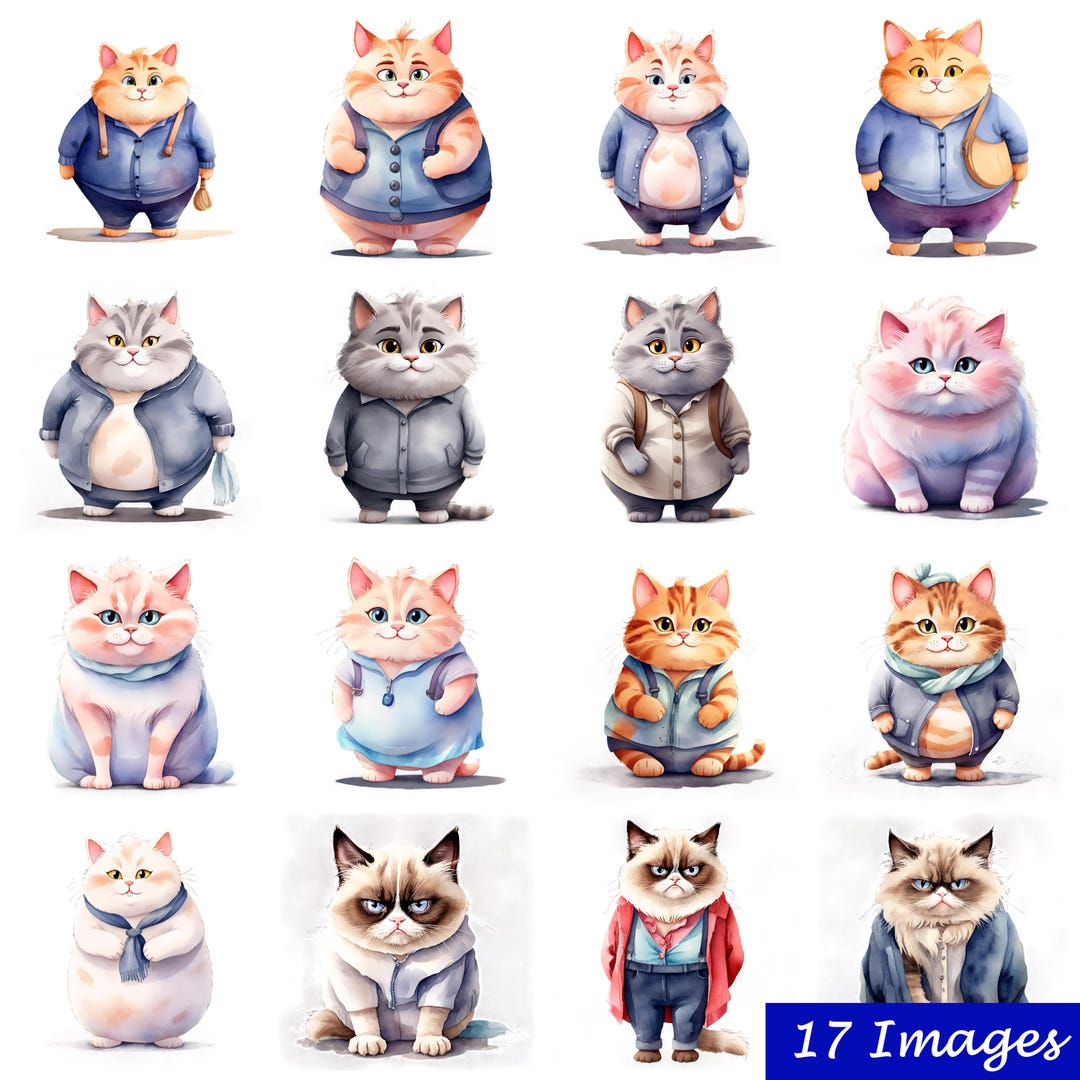 17 PNG Watercolour Funny Fat Grumpy Cat, Animal Clipart, Clipart Bundle ...