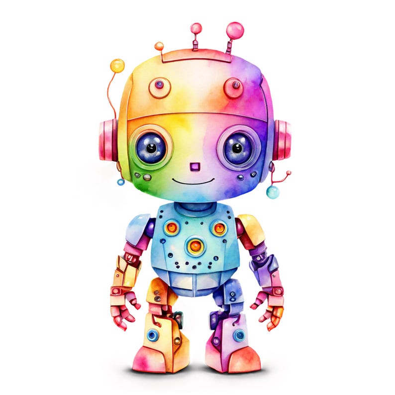 Rainbow Robot Clipart Bundle - 30 PNG Watercolour Robots for ...