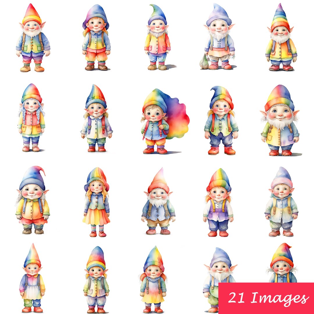 21 PNG Watercolour Cute Rainbow Gnomes Clipart, Clipart Bundle, Instant ...