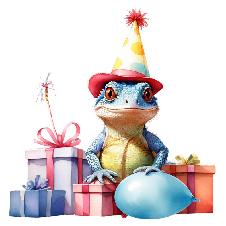 20 PNG Watercolour Cute Lizard Birthday Celebration With Balloons ...