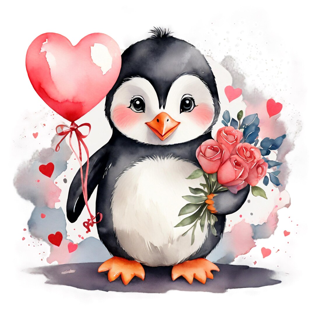38 PNG Watercolour Penguin Valentines, Animal Clipart, Clipart Bundle ...