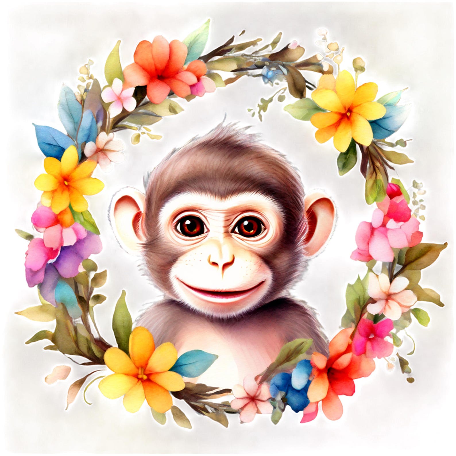 19 PNG Watercolour Monkey Flower Wreath Clipart, Animal Clipart ...