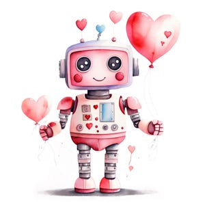 77 PNG Watercolour Cute Robot Valentines With Love Heart Balloons ...