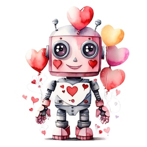 77 PNG Watercolour Cute Robot Valentines With Love Heart Balloons ...