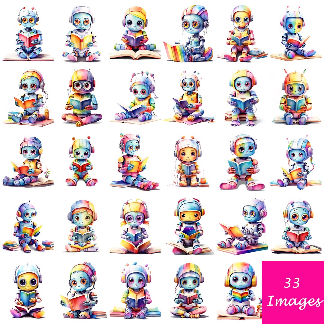 33 PNG Watercolour Cute Colourful Robot Reading Book, Robot Clipart ...