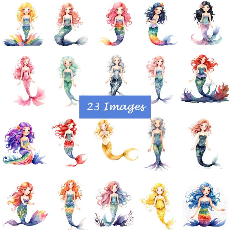 23 PNG Watercolour Colourful Mermaid, Sea Clipart, Clipart Bundle, Arts ...