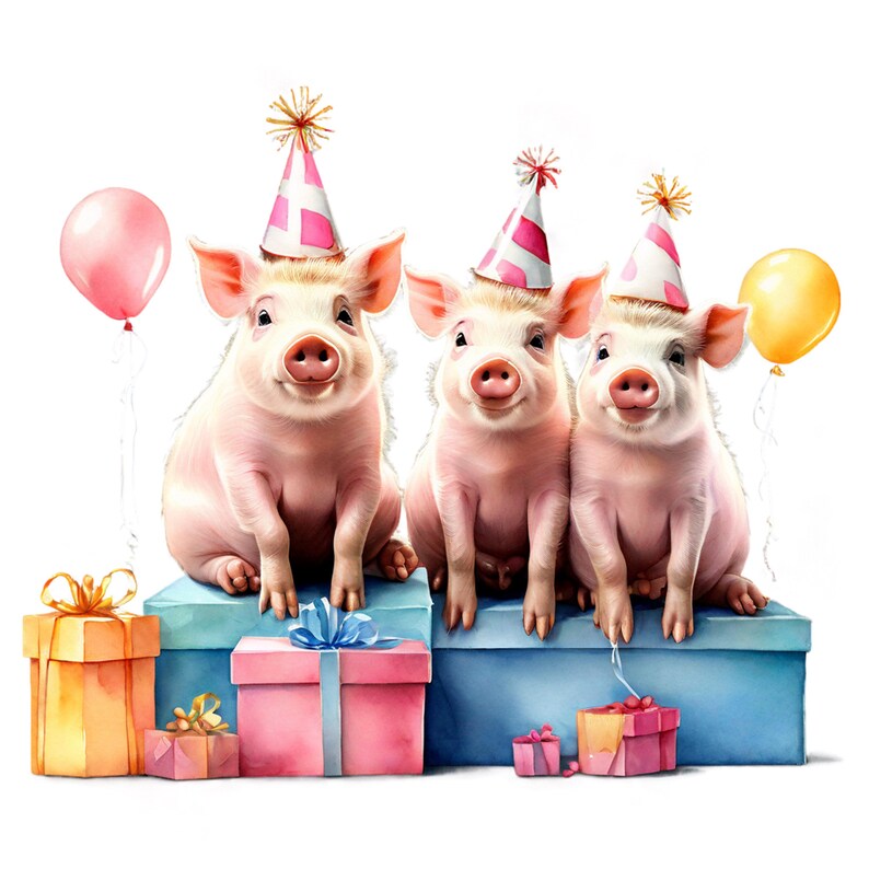 33 PNG Watercolour Cute Fun Pig Birthday Celebration Balloons Presents ...