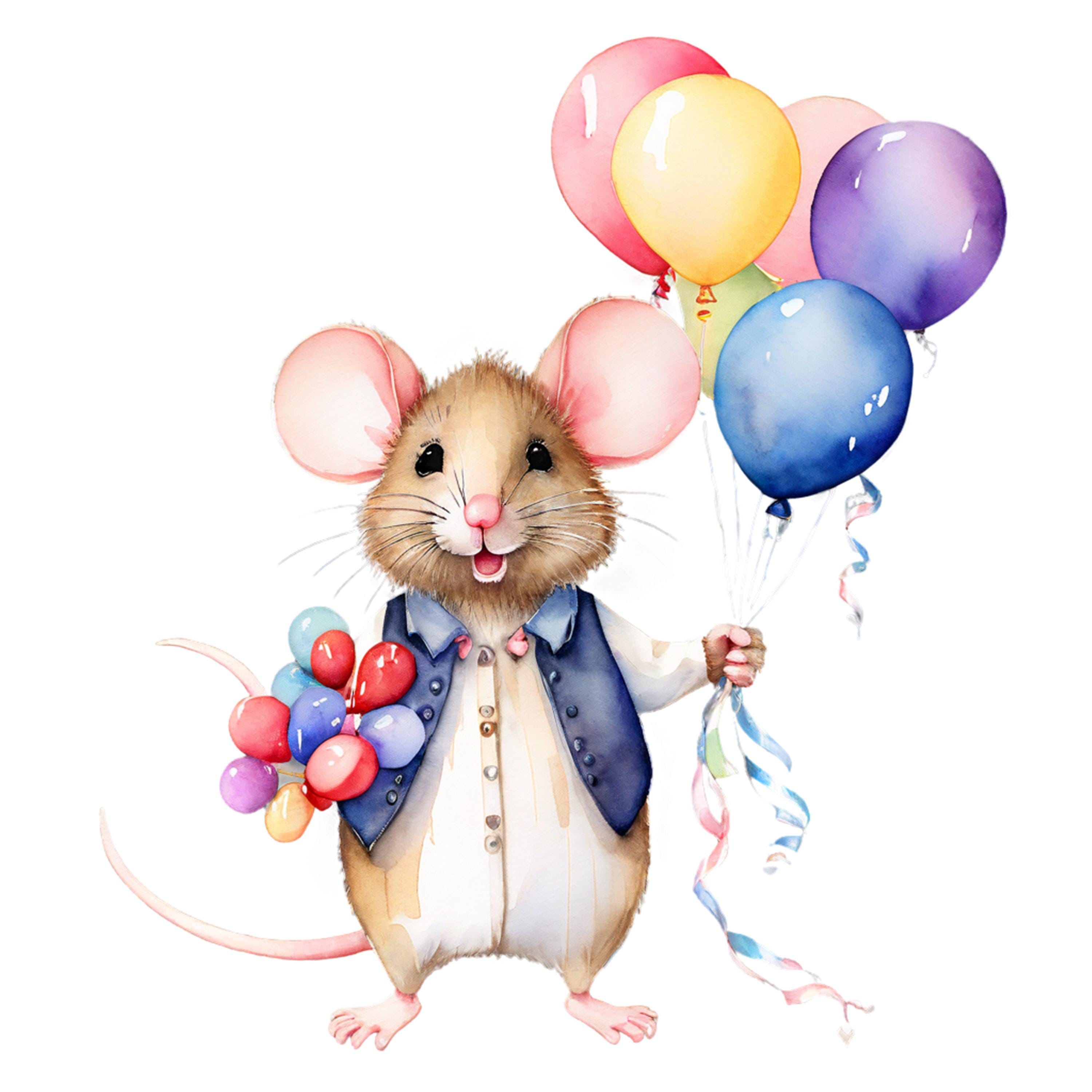 12 PNG Watercolour Cute Mouse Birthday Celebration Balloons Presents ...