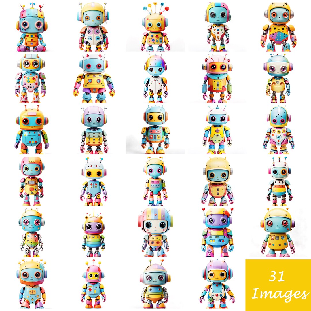31 PNG Watercolour Cute Funky Fun Robot, Bright Colours, Robot Clipart ...