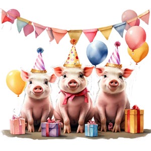 33 PNG Watercolour Cute Fun Pig Birthday Celebration Balloons Presents ...