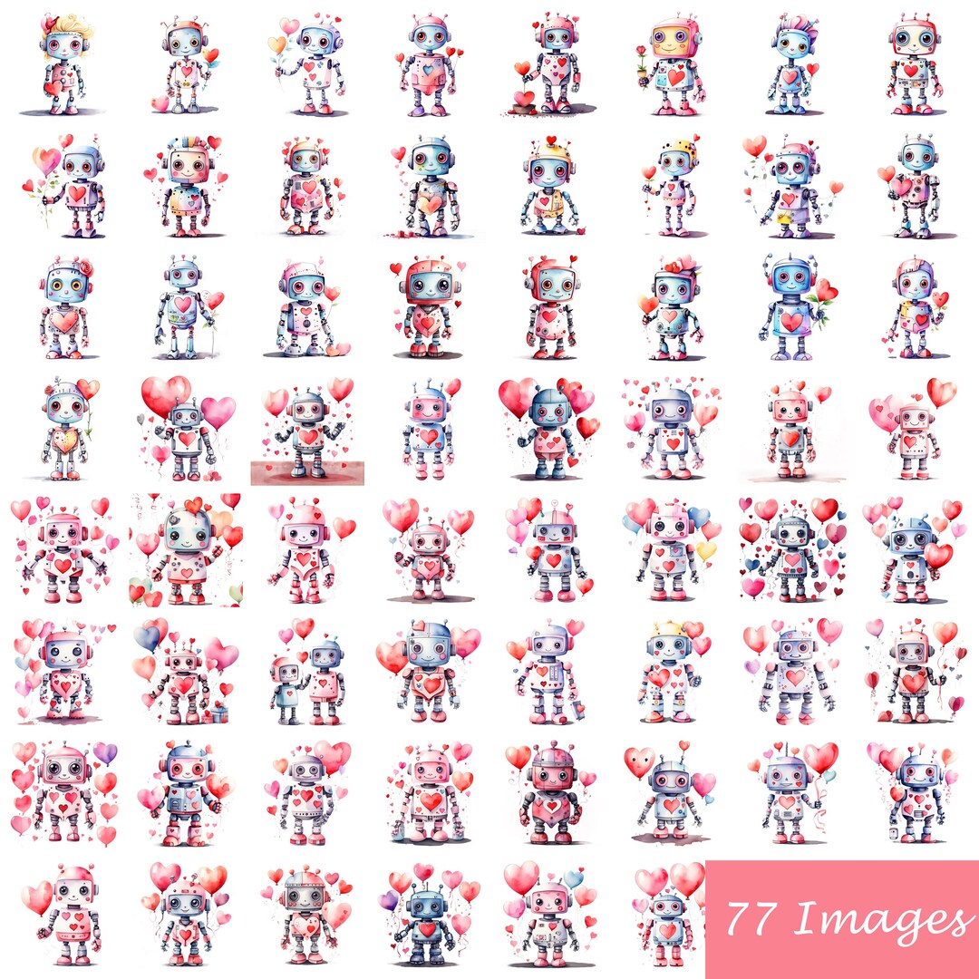 77 PNG Watercolour Cute Robot Valentines With Love Heart Balloons ...