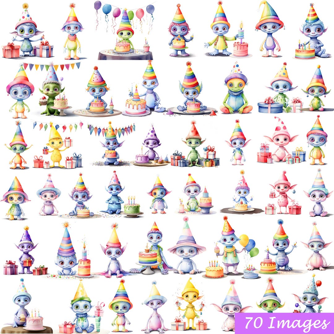 70 PNG Watercolour Cute Alien Birthday Celebration, Magical Clipart ...