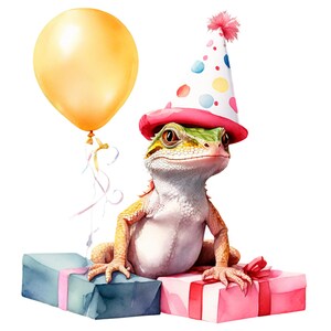 20 PNG Watercolour Cute Lizard Birthday Celebration With Balloons ...