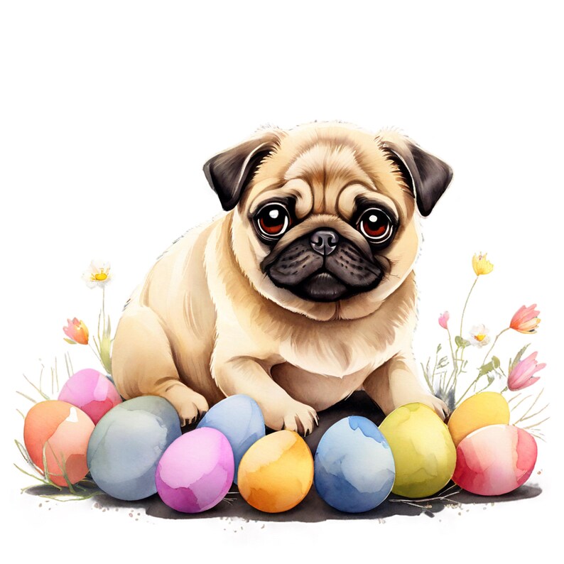 22 PNG Watercolour Pug Dog Easter Egg Celebration, Animal Clipart ...