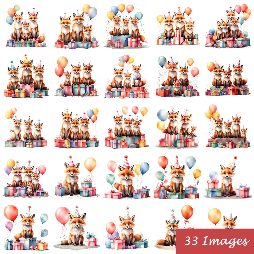 33 PNG Watercolour Cute Fun Fox Birthday Celebration Balloons Presents ...