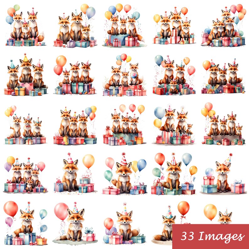 33 PNG Watercolour Cute Fun Fox Birthday Celebration Balloons Presents ...