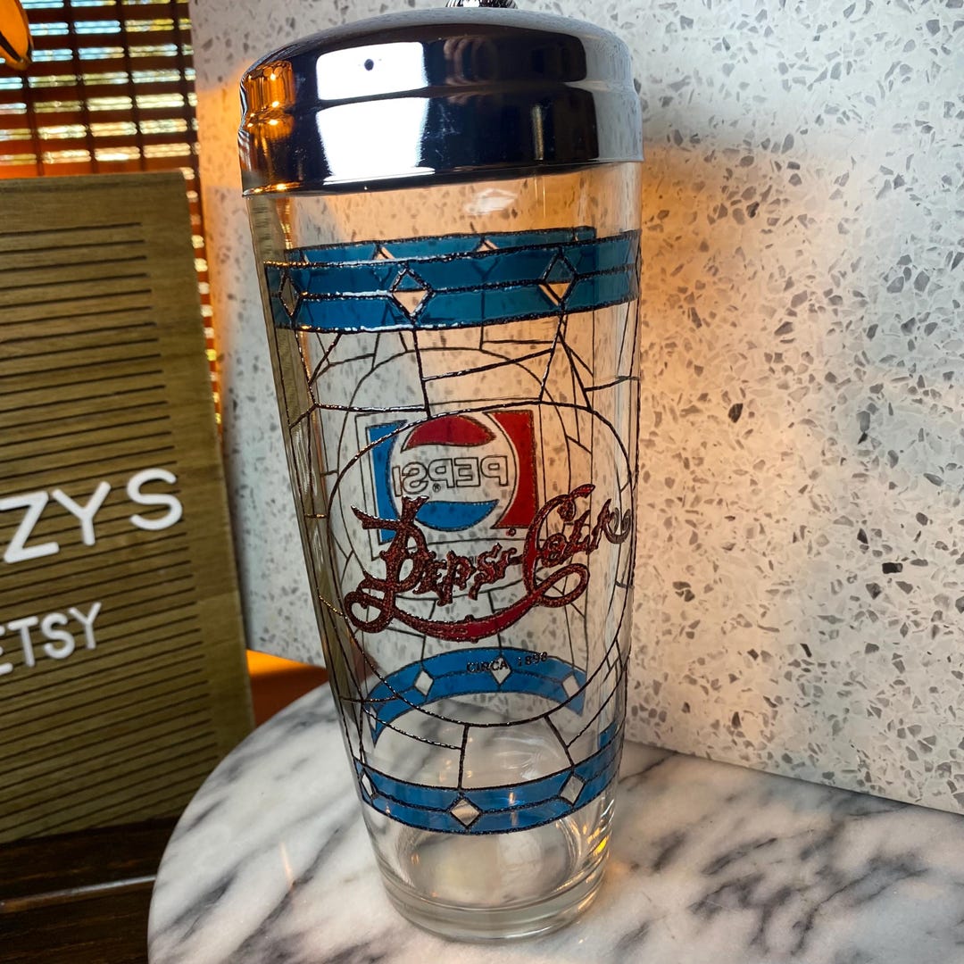 Vintage PEPSI Stained Glass Cocktail Shaker 1970s Logo Metal Lid Large ...
