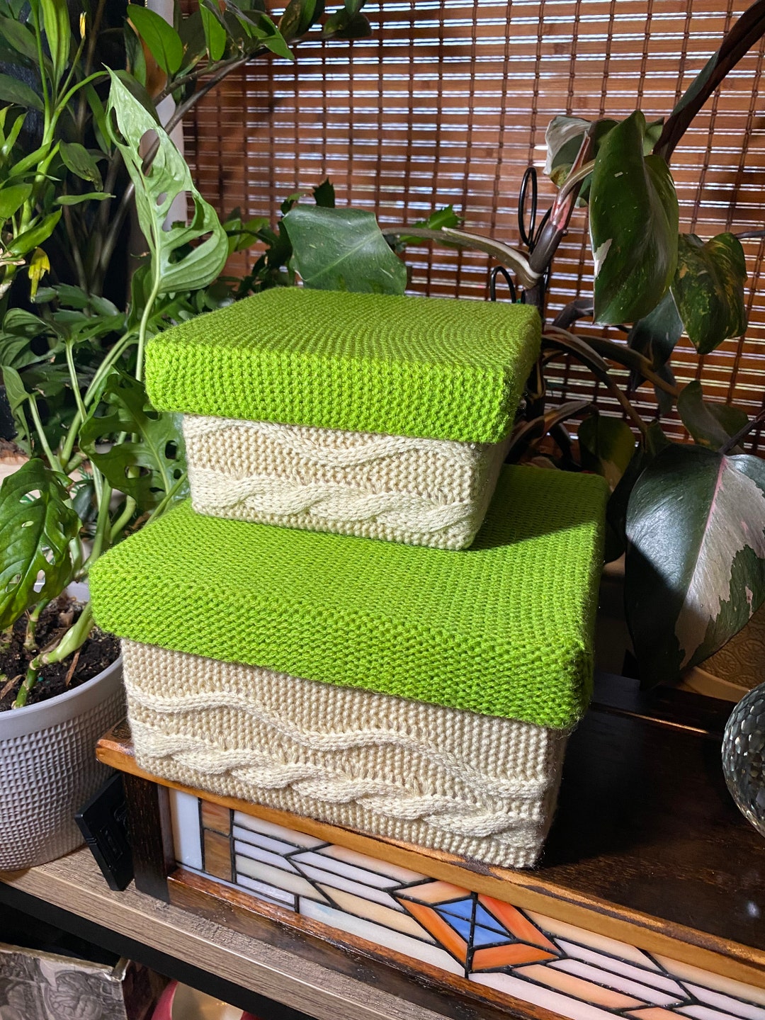 Vintage Set of 2 Cable Knit White and Green Nesting Boxes Storage Boxes ...