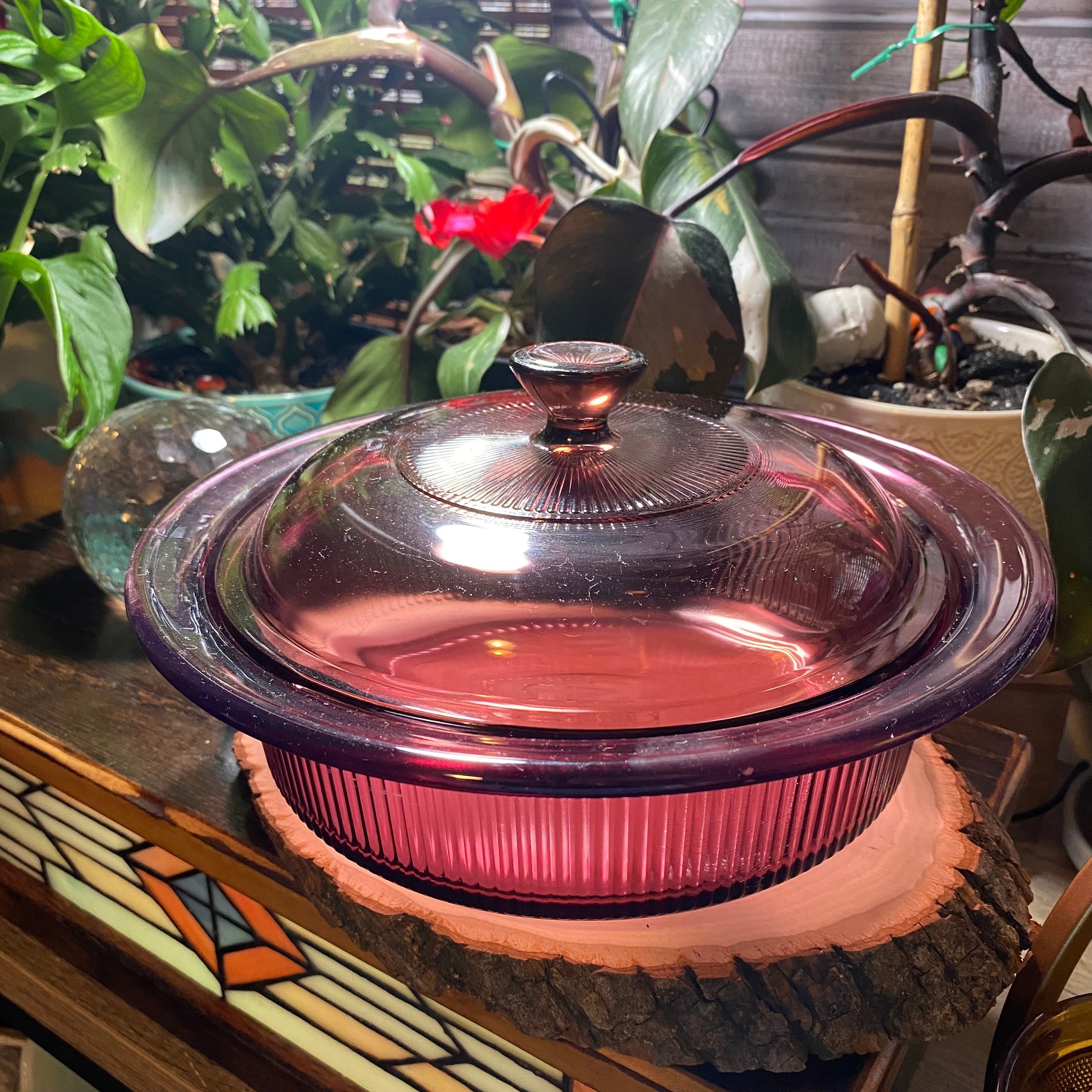 Vintage Corning Vision Cranberry Red Clear Covered Casserole Dish ...