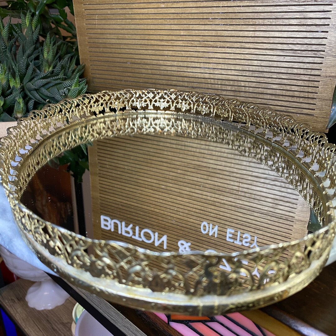 Vintage Ornate Gold Filigree Mirror Tray - Elegant Gold Metal Gallery ...