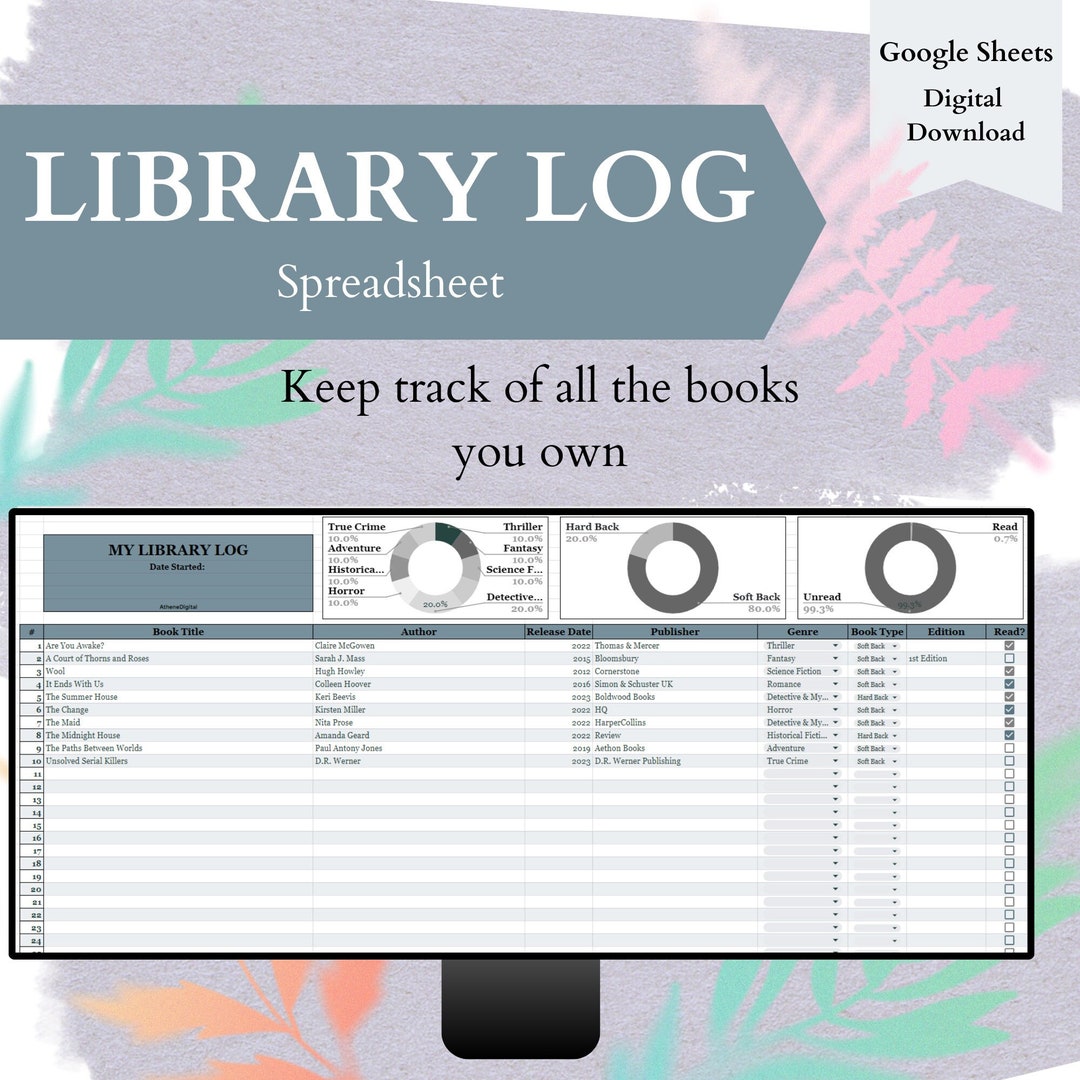 Library Log - Book Tracker Mono - Google Sheets Digital Download - Etsy