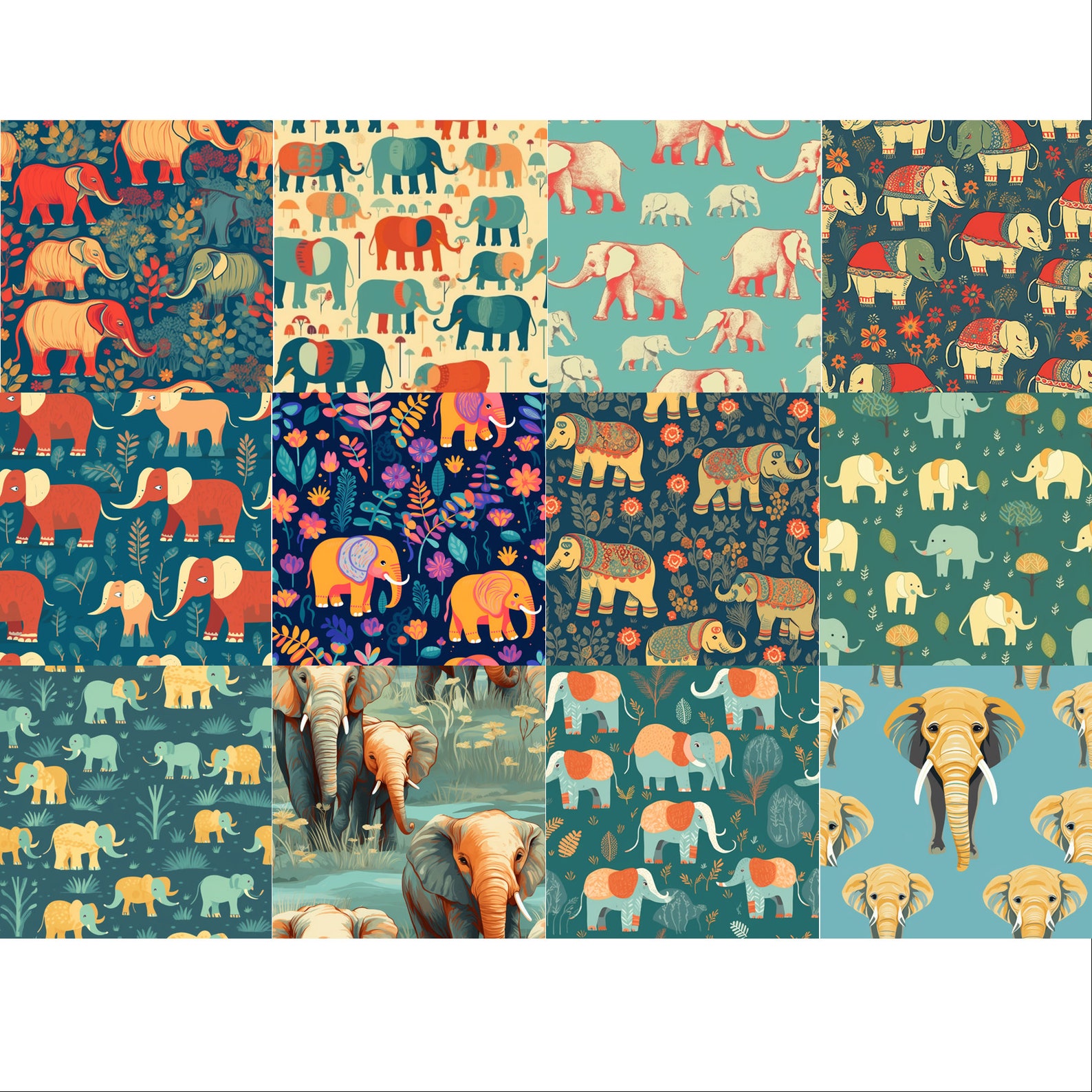 Elephant-themed Digital Paper - 12 Seamless Tile Designs - High ...