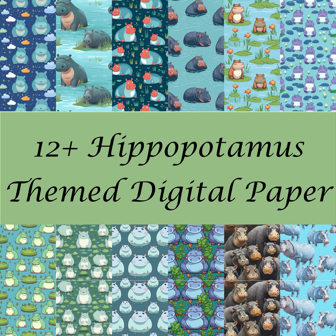 Hippopotamus Themed Digital Paper - 12 Seamless Tile Designs - High ...