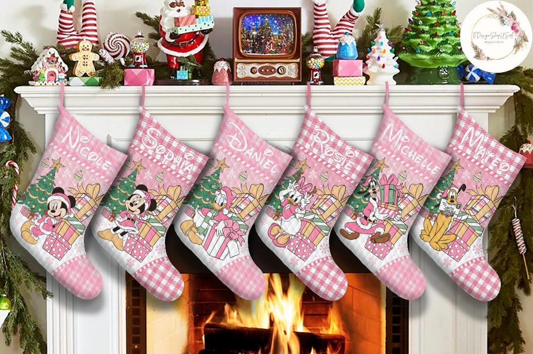 Personalized Pink Plaid Disney Christmas Stockings, Mickey and Friends ...