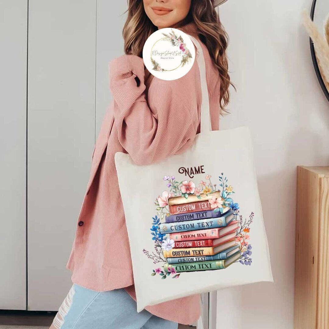 Custom Books Titles & Name Floral Book Library Canvas Tote Bag ...