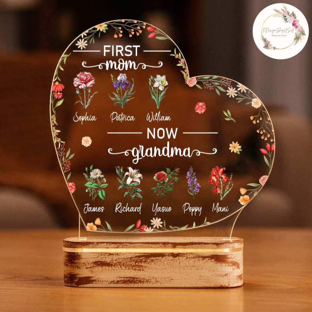 Personalized Birth Flowers Heart Plaque Night Light, Flower With Names ...