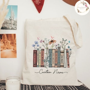 Custom Books & Name Library Canvas Tote Bag, Personalized Floral ...