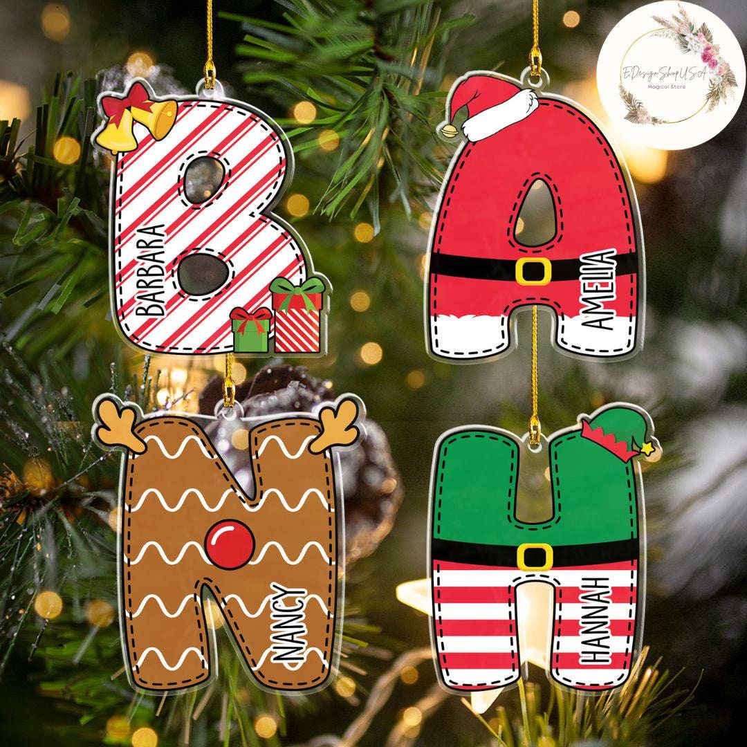 Personalized Santa Snowman Elf Alphabet Christmas Ornament, Family ...