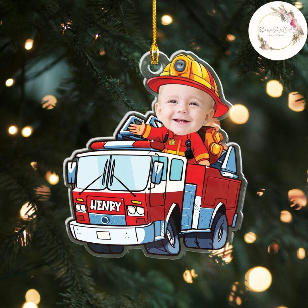 Personalized Fire Truck Christmas Ornament, Custom Photo & Name ...