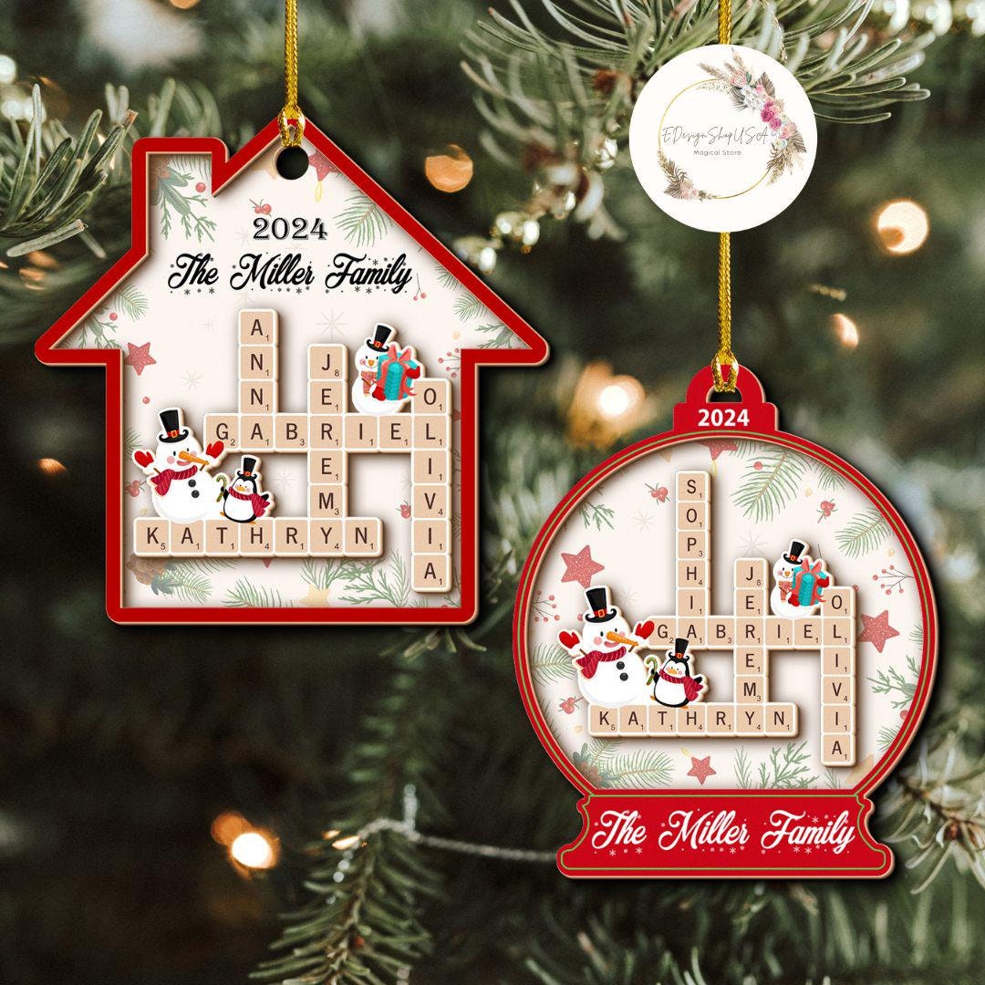 Personalized Santa Snowman Family Crossword Christmas Ornament, Custom ...