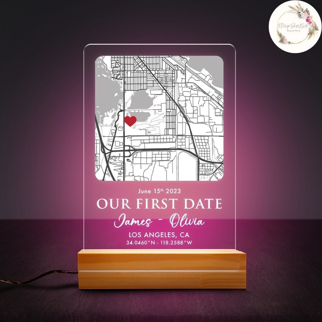 Personalized Couple Map Our First Date Valentine Night Light, Couple ...